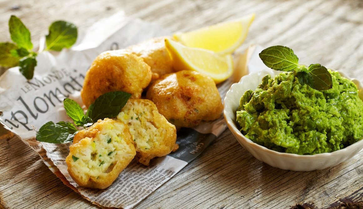 Deep Fried Norwegian Cod Patties with Pea Purée | Seafood from Norway