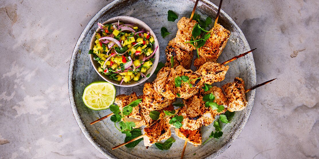 Tandoori Norwegian cod skewers with fresh mango relish and roti ...